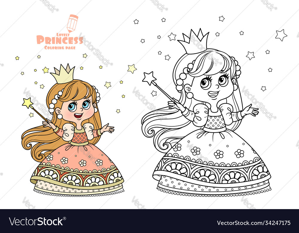 Cute princess with a magic wand outlined Vector Image