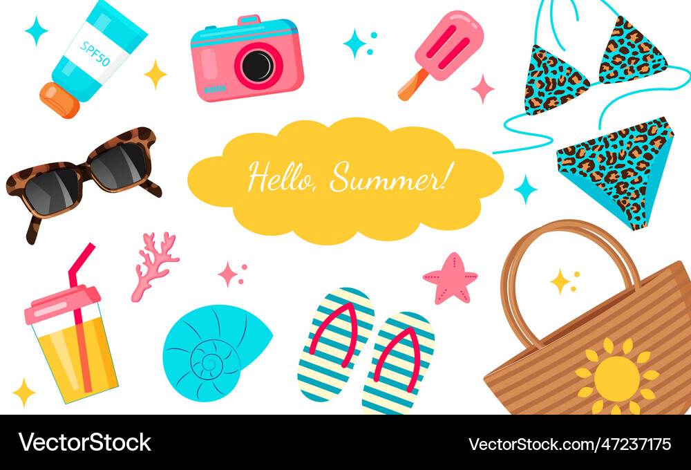 Hello summer banner set swimsuit hat Royalty Free Vector