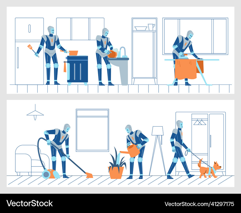 Robots help with housework futuristic Royalty Free Vector