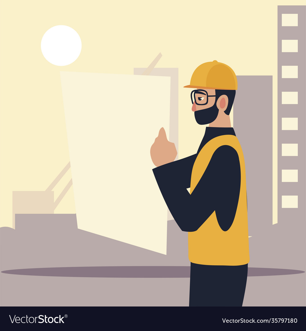 Bearded Man Architect Working With Blueprints Vector Image