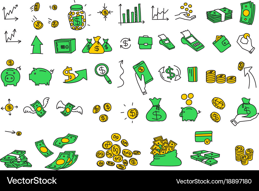 Hand drawn money coins bills Royalty Free Vector Image