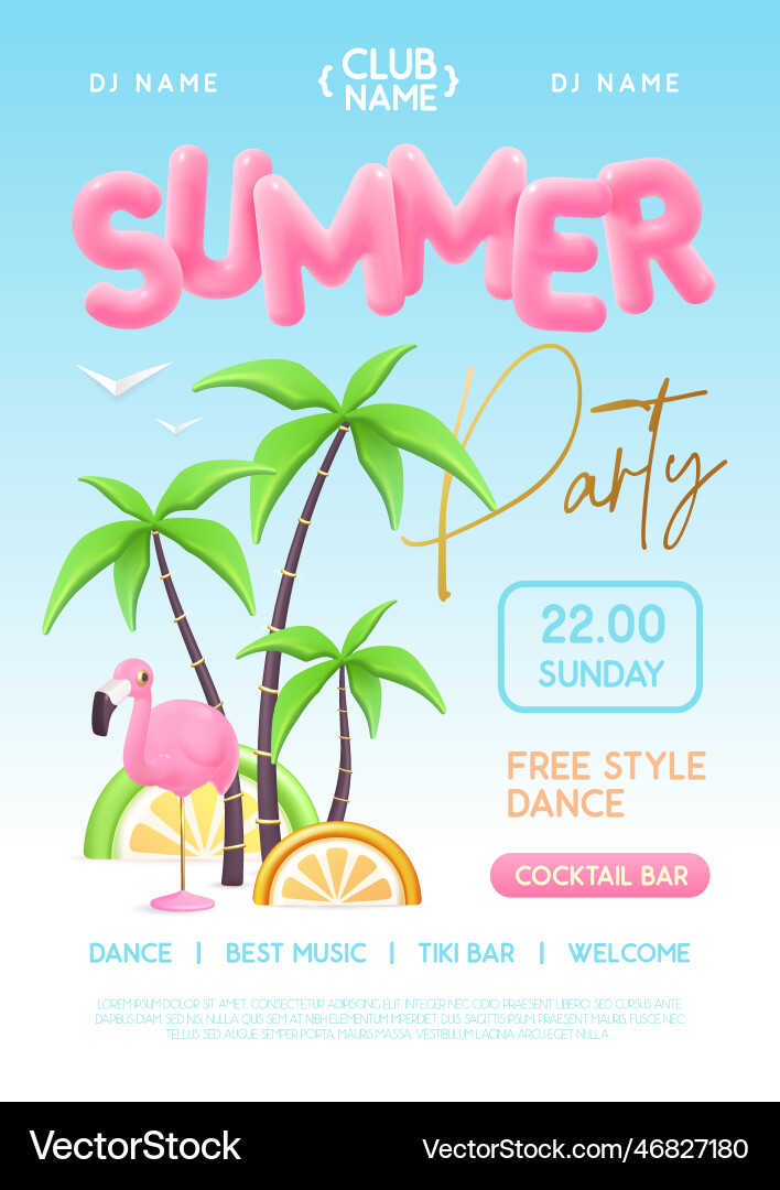 Summer disco party poster with 3d palm trees Vector Image