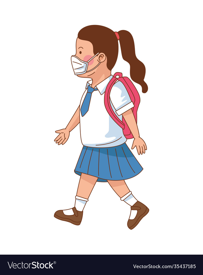 Little student girl wearing medical mask walking Vector Image