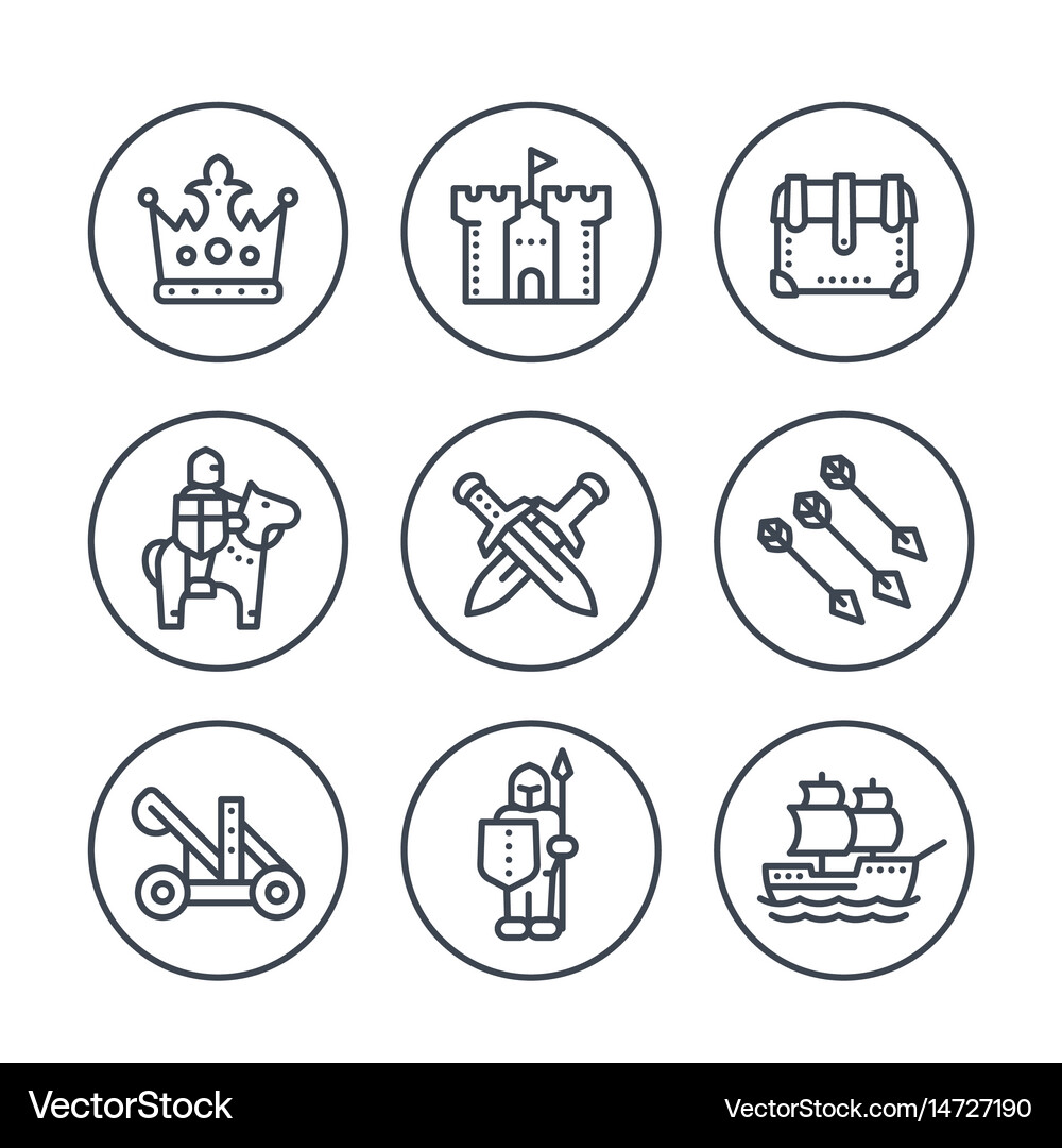 Medieval war line icons in circles on white Vector Image