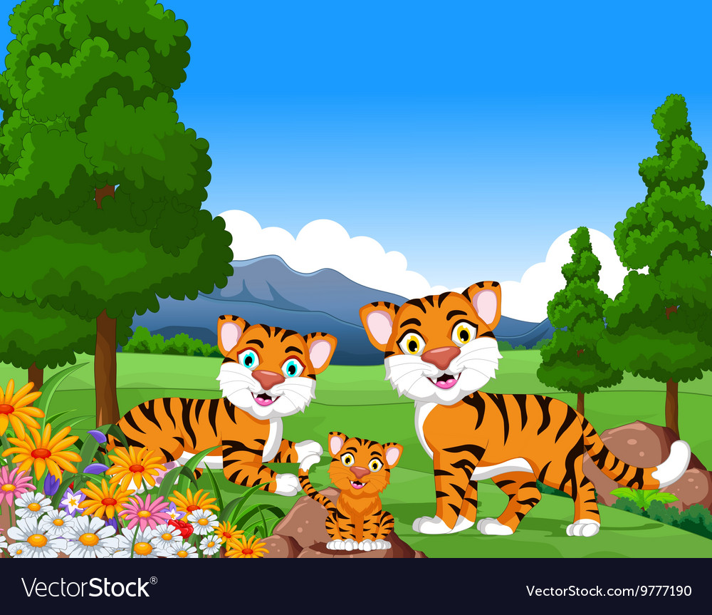 Tiger cartoon family in jungle Royalty Free Vector Image