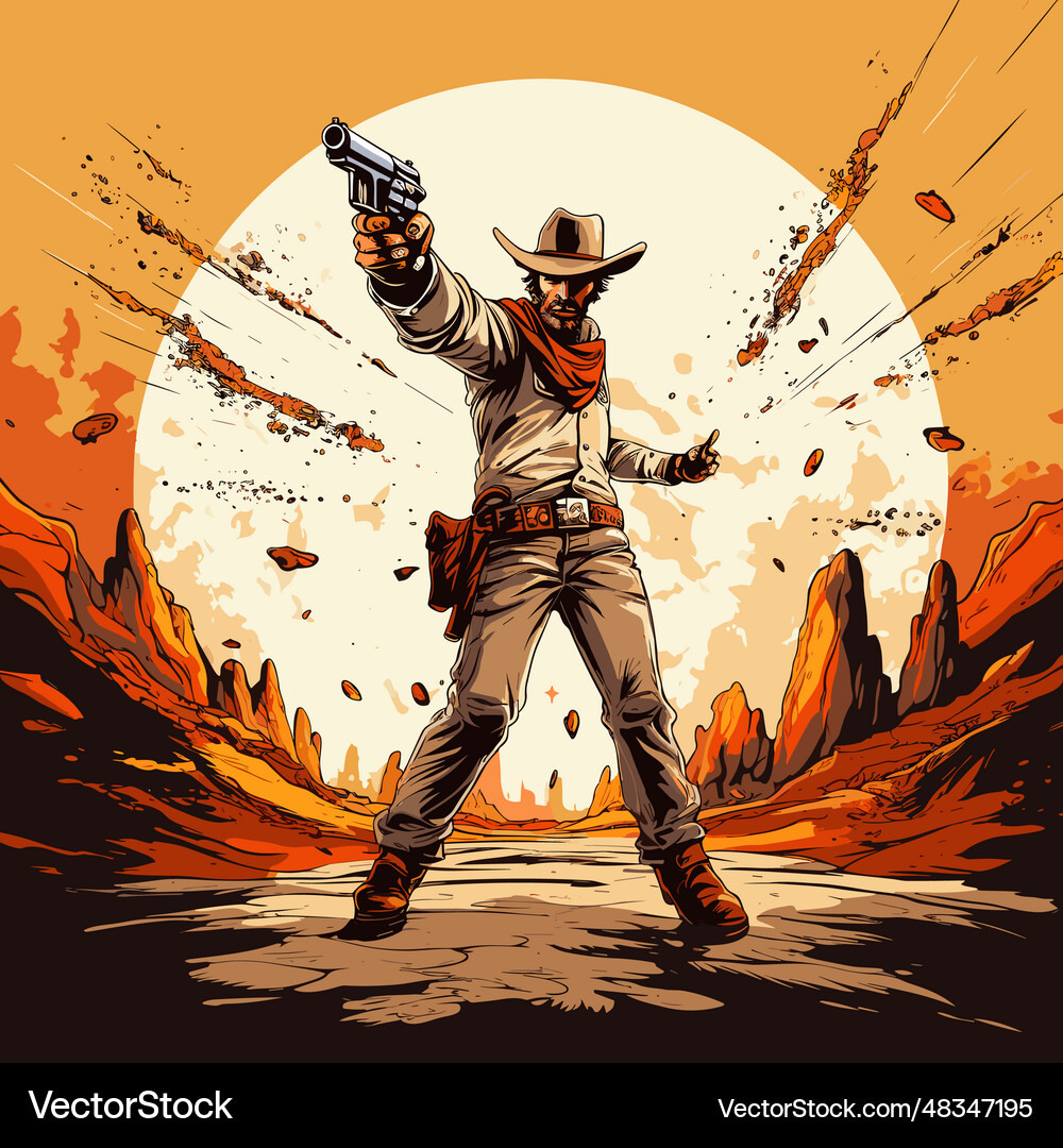 Cowboy with a gun shooting hand-drawn Royalty Free Vector