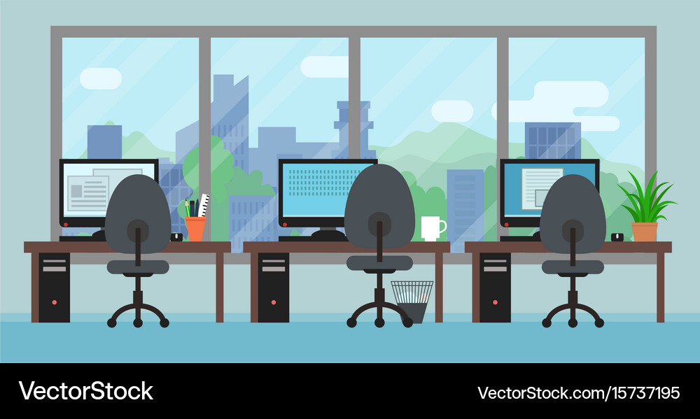 Office room with workplaces big window and Vector Image