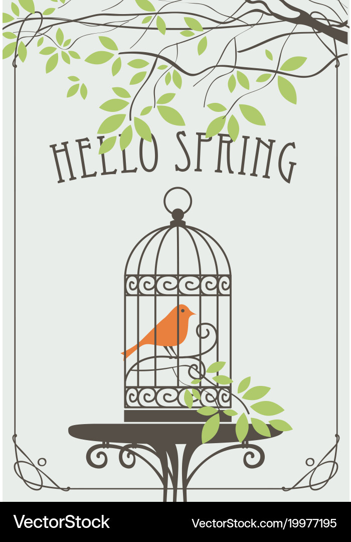 Spring banner with bird in cage under green tree Vector Image
