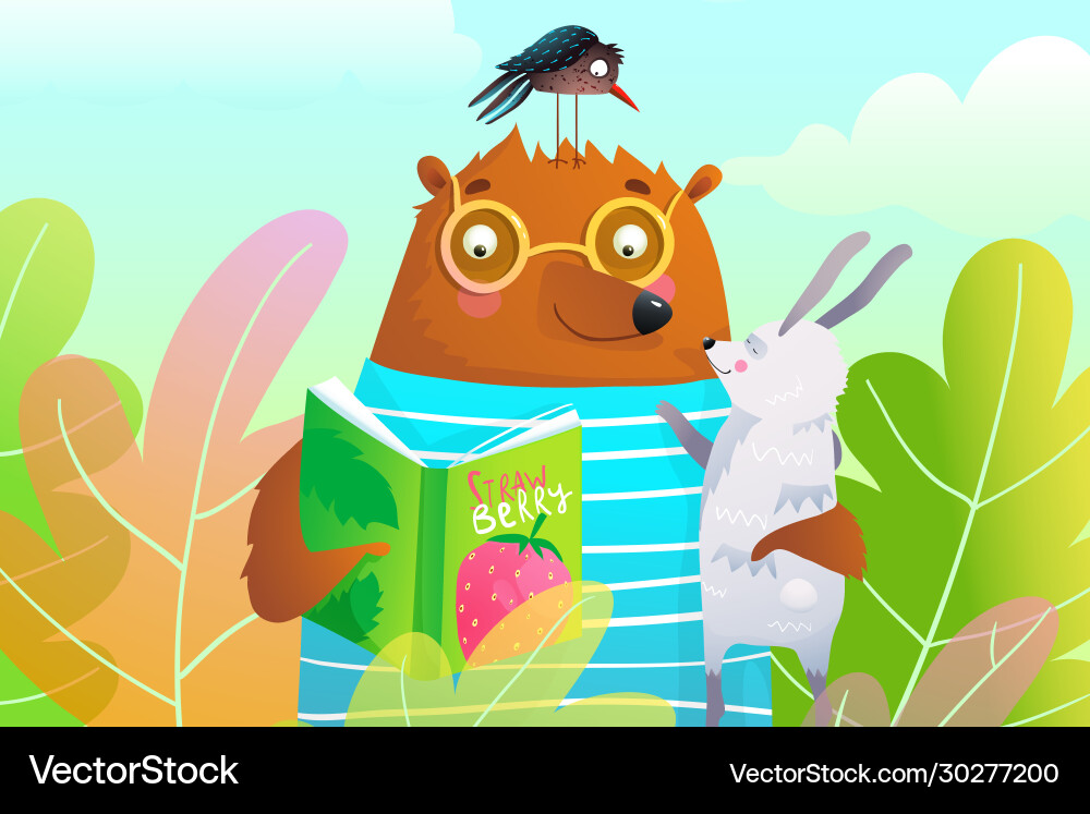 Bear and hare or rabbit reading book friends in Vector Image