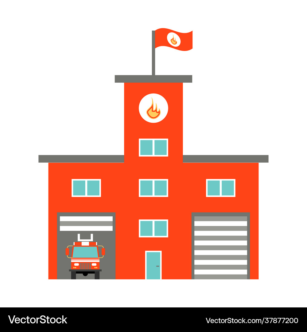 Red fire truck drives out gate Royalty Free Vector Image