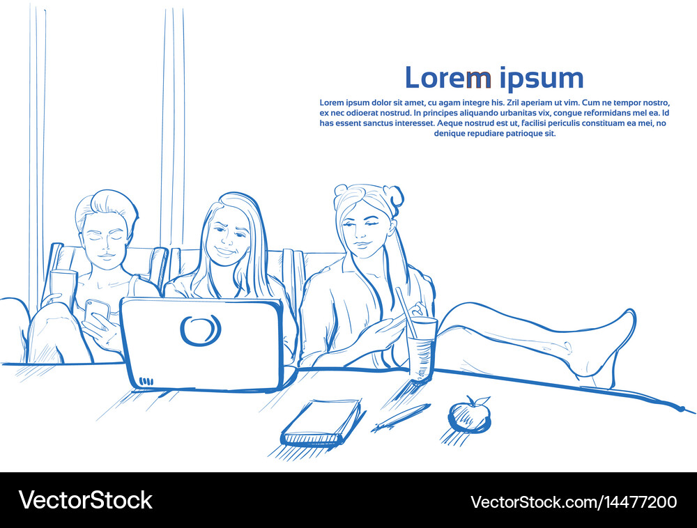 Three sketch girl sitting together using laptop Vector Image