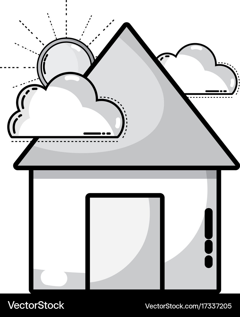 Grayscale house with clouds and sun natural Vector Image