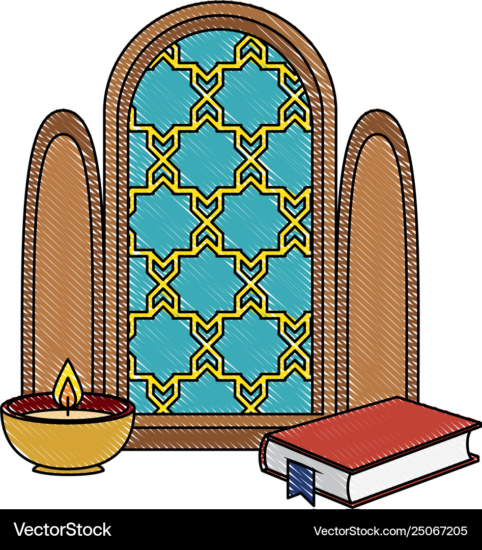 Window temple and book with candle Royalty Free Vector Image