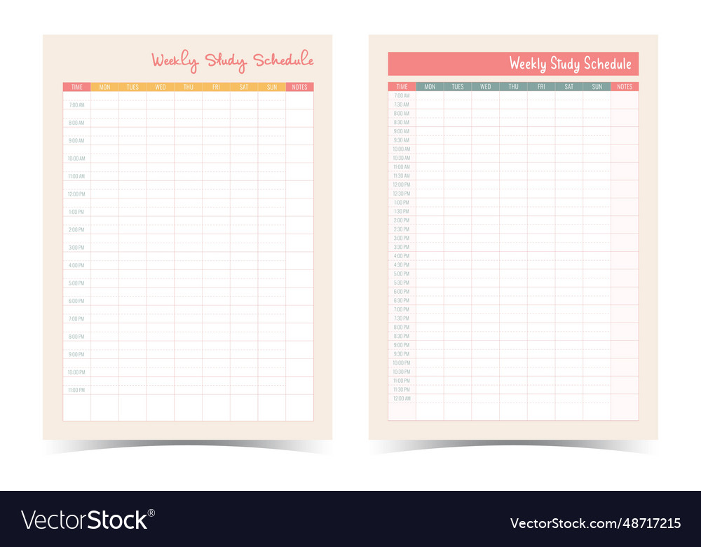 Set of weekly study schedule templates Royalty Free Vector