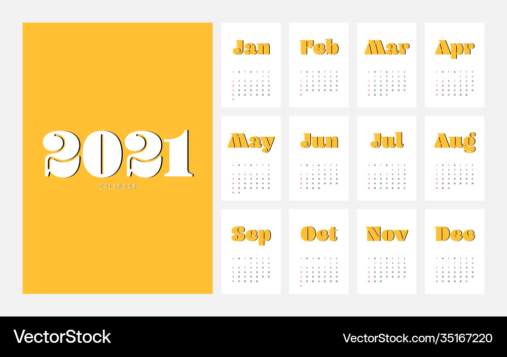2021 calendar design template week starts on Vector Image