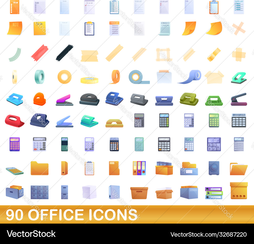 90 office icons set cartoon style Royalty Free Vector Image