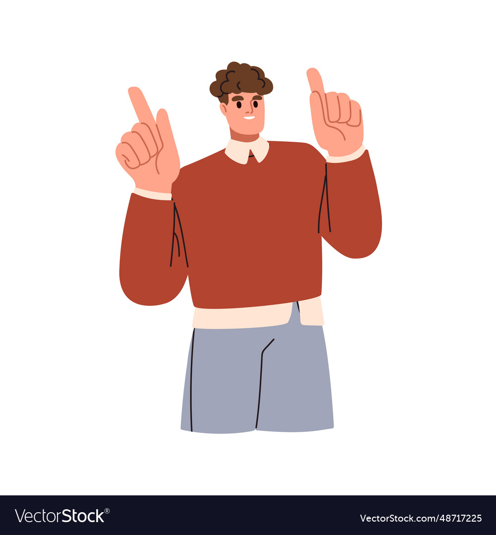 Happy smiling man pointing up with fingers Vector Image