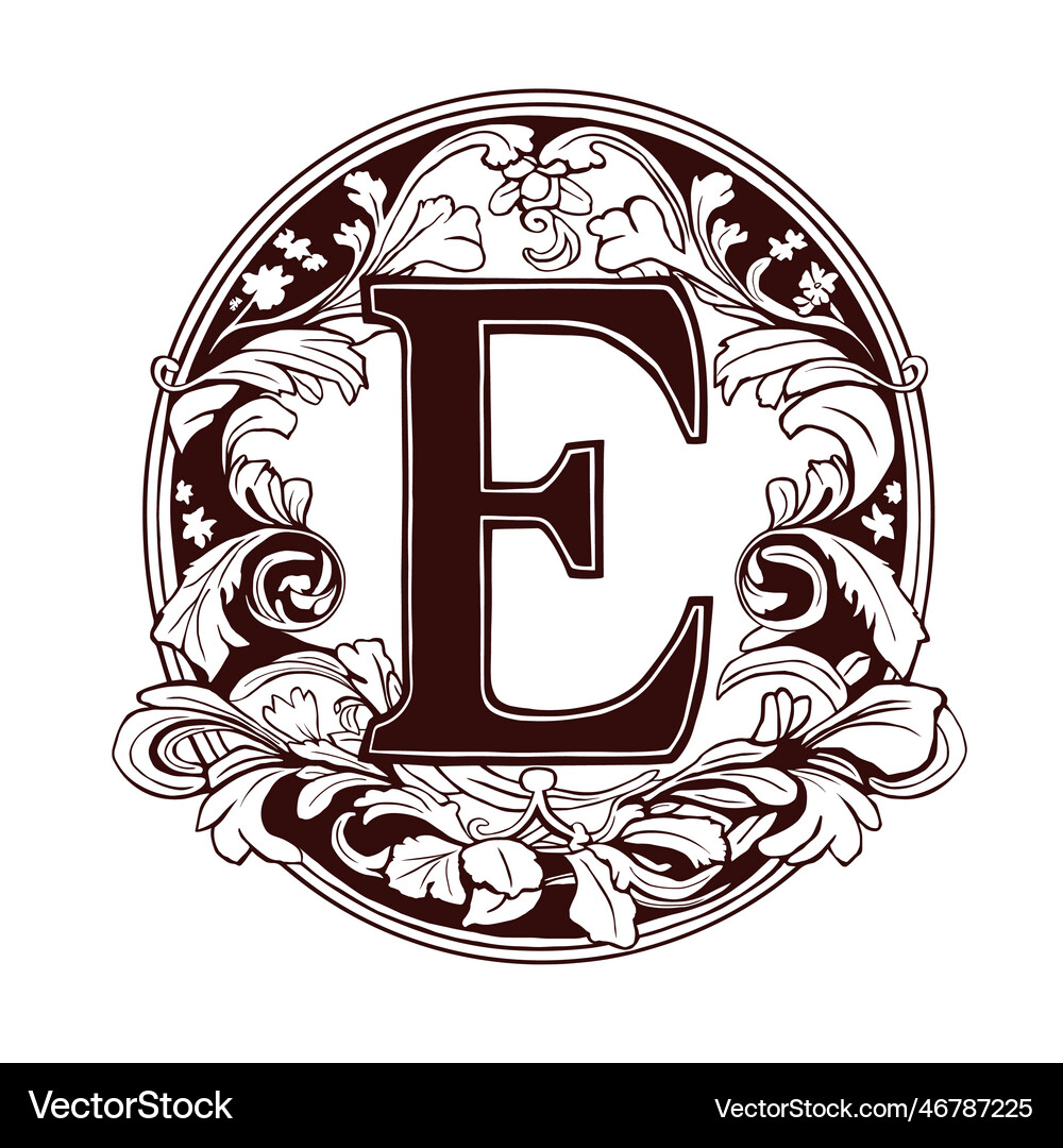 Letter e floral monogram vintage ornament initial Vector Image