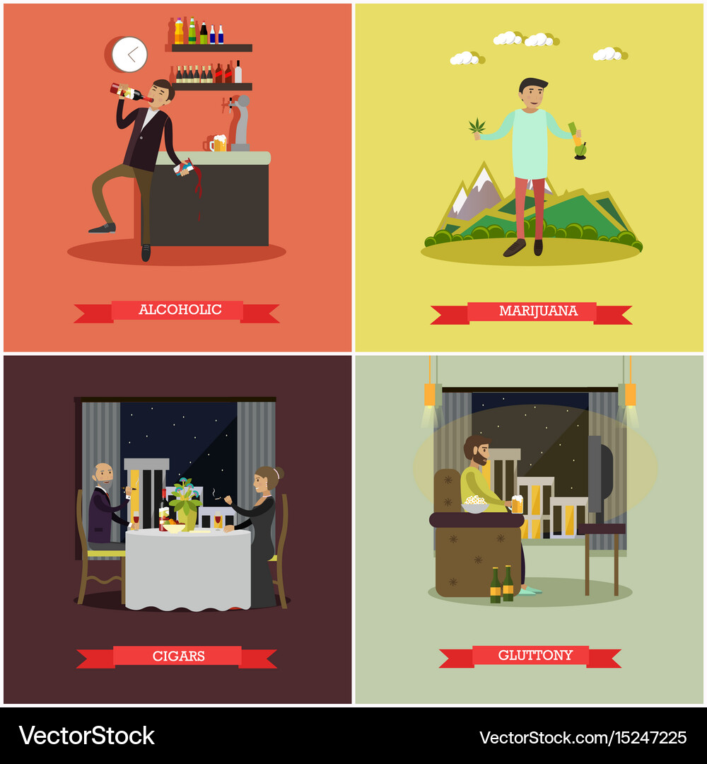 Set bad habits concept posters in flat Royalty Free Vector