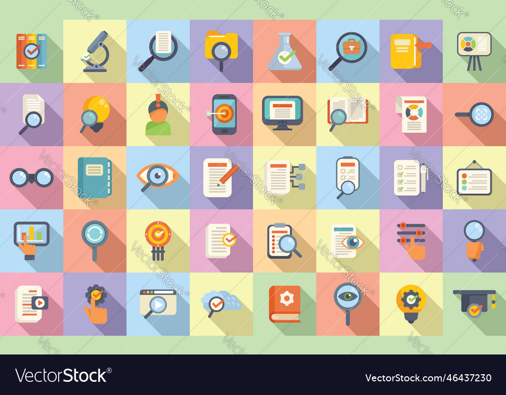 Case study icons set flat study platform Vector Image