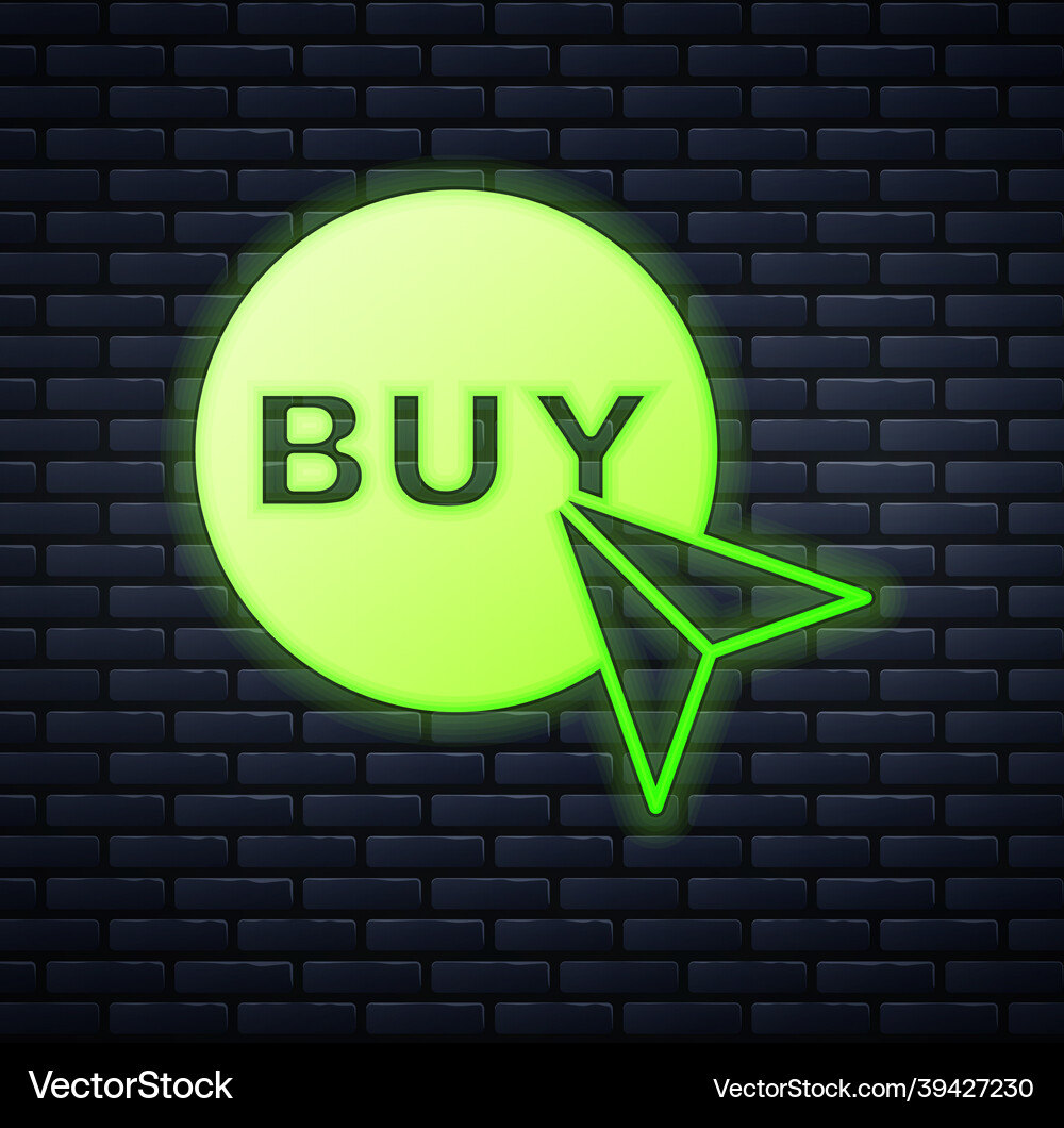Glowing neon buy button icon isolated on brick Vector Image
