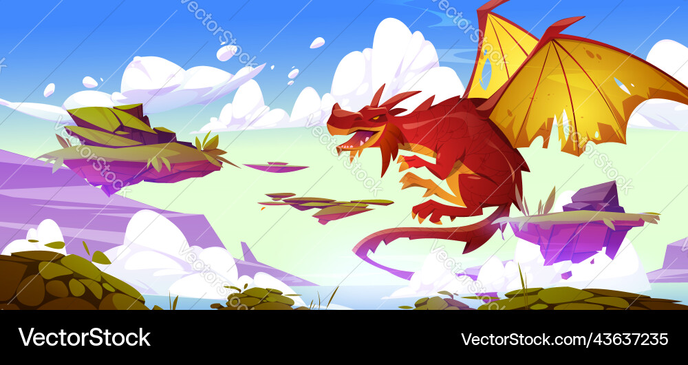 Dragon flying in cloudy sky with floating islands Vector Image