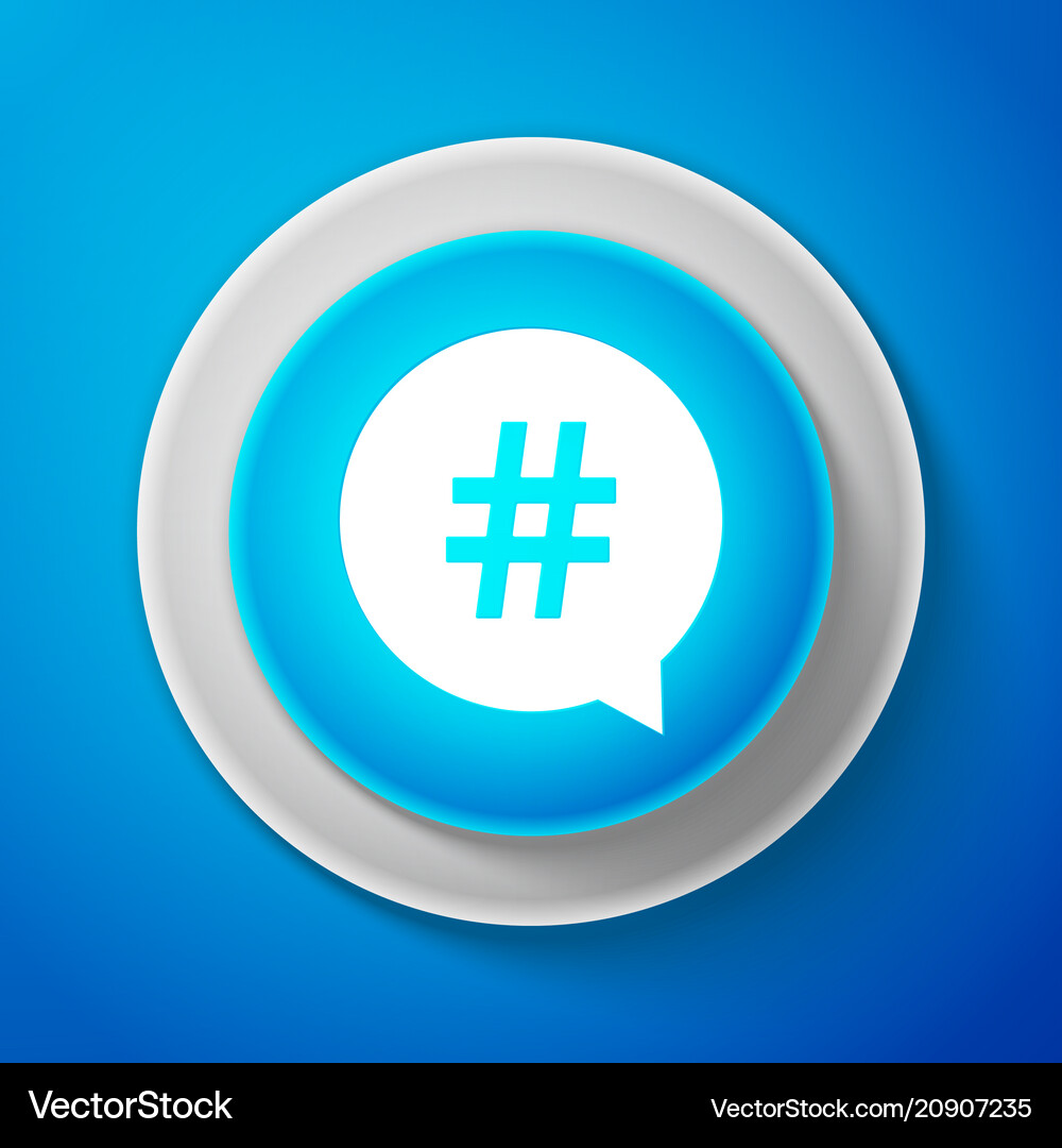 Hashtag in circle icon isolated on blue background