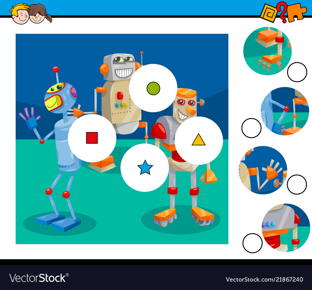 Match pieces puzzle game with robots Royalty Free Vector