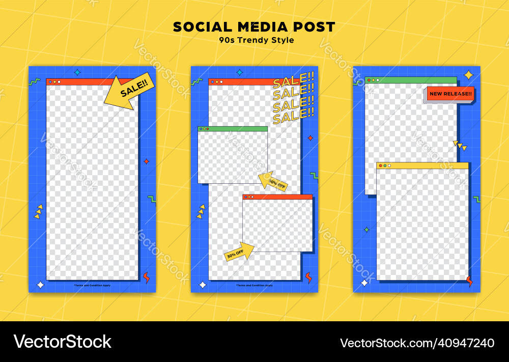 Template post set 90s retro trendy cartoon style Vector Image