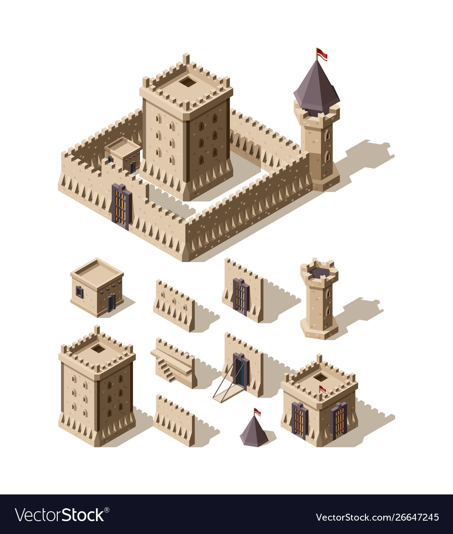 Castles isometric creation kit medieval Royalty Free Vector Castles isometric creation kit medieval Royalty Free Vector