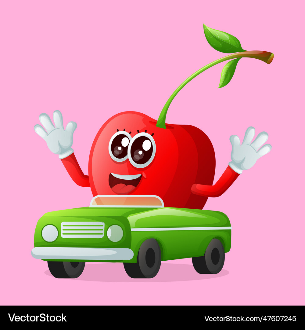 Cute cherry character playing with car toy Vector Image