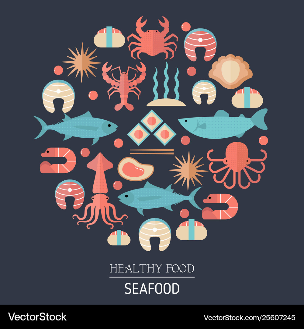 Fish and seafood flat icon and seafood flat Vector Image