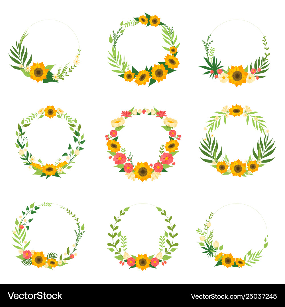 Floral wreath with flowers set circle frames with Vector Image