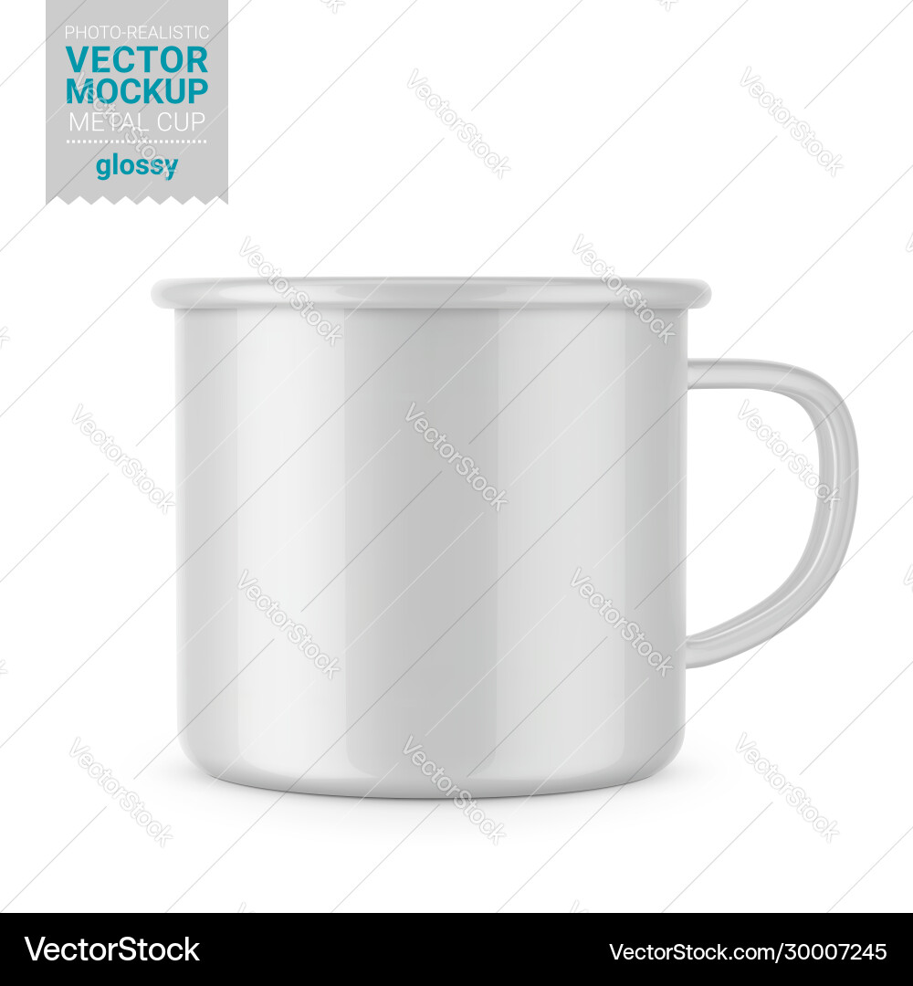Glossy white enamel metal cup mockup Royalty Free Vector