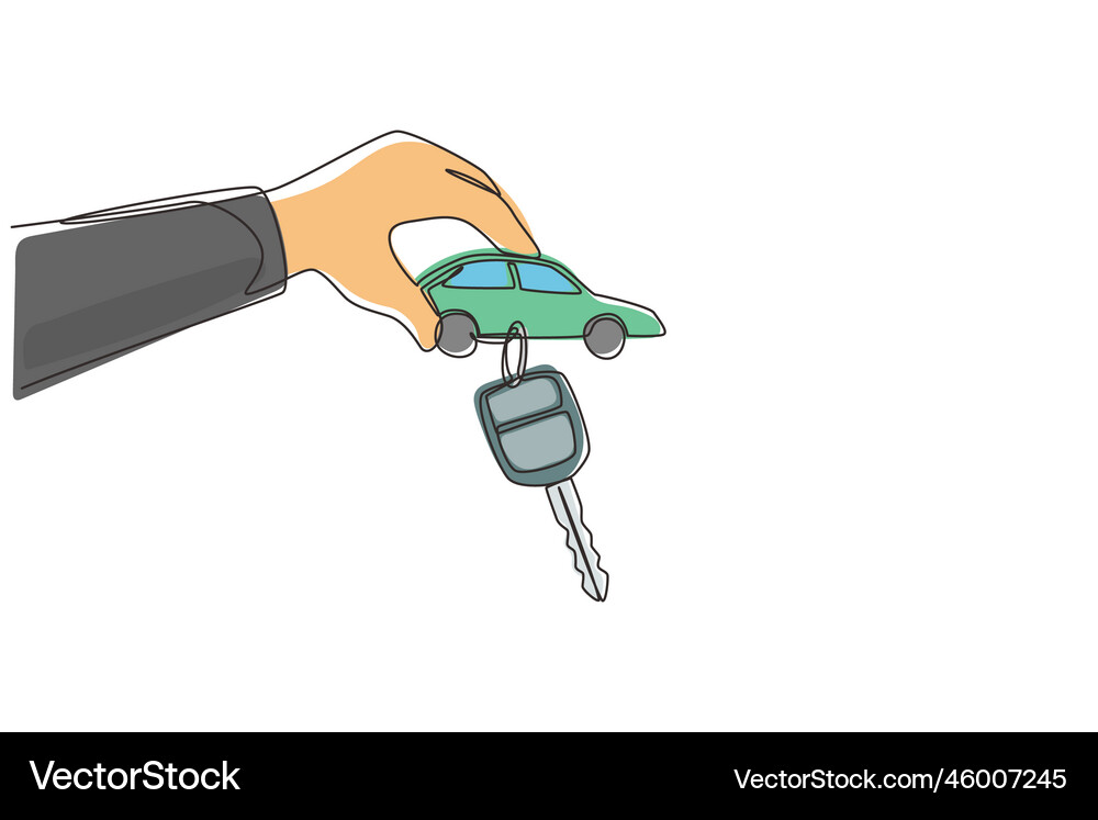Single one line drawing man handing over keys car Vector Image