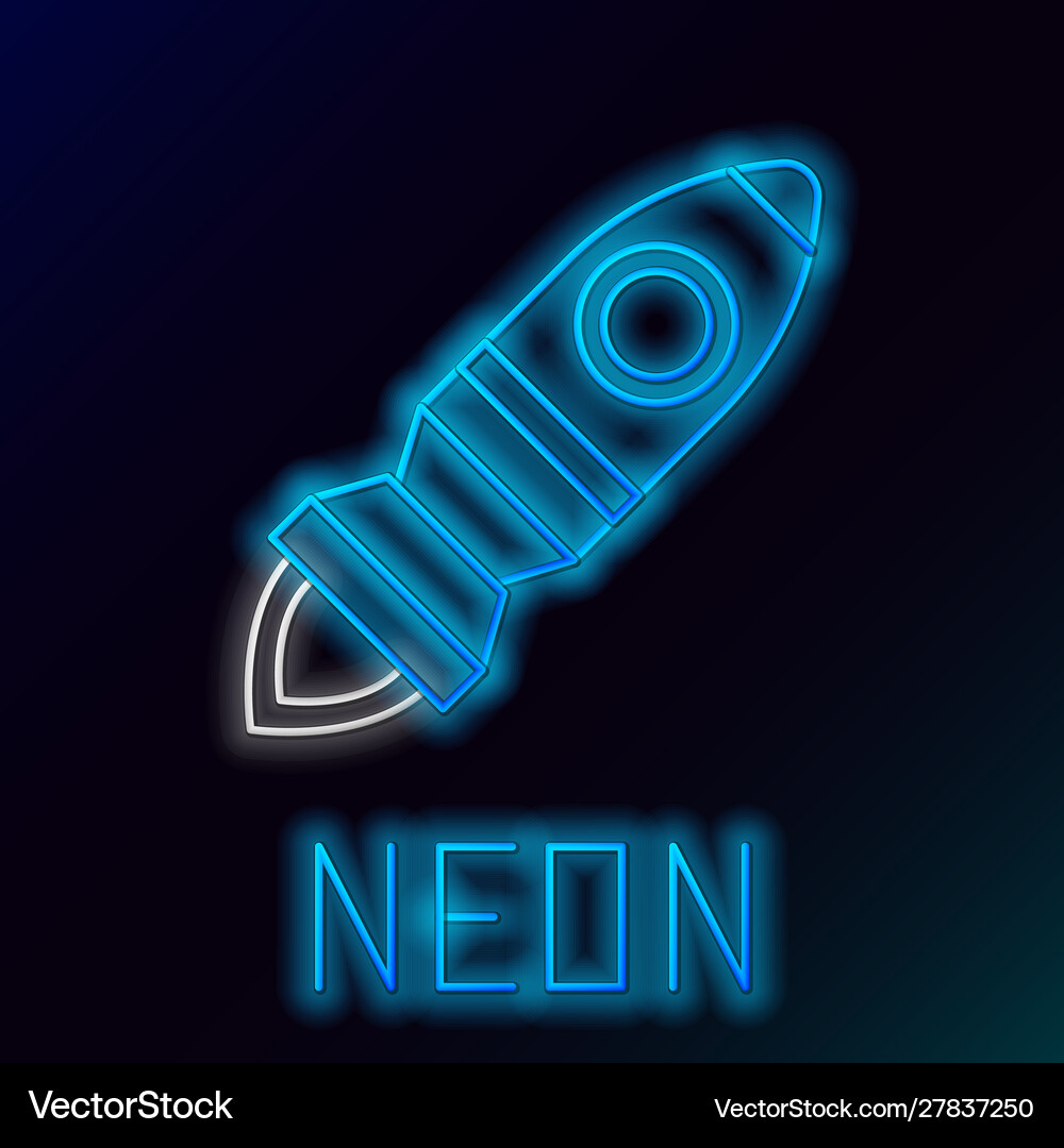 Blue glowing neon line rocket ship with fire icon Vector Image