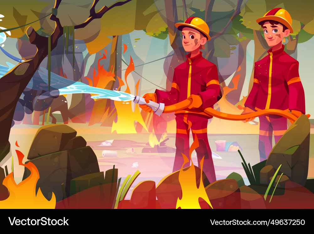 Firemen with hose extinguishing fire in forest Vector Image