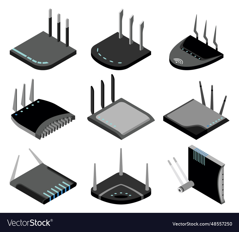 Router isometric icons set wifi routers Royalty Free Vector Router isometric icons set wifi routers Royalty Free Vector