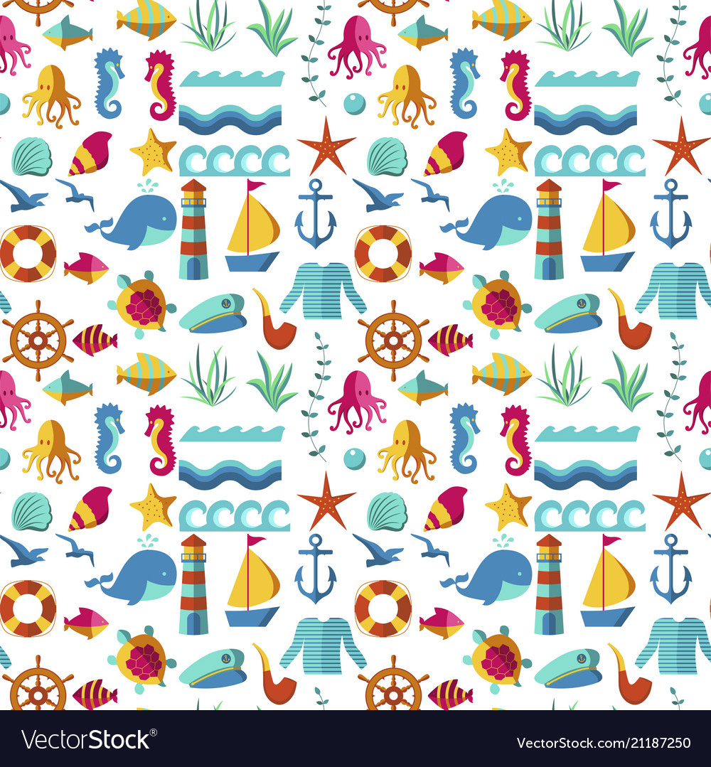 Seamless patterns with nautical elements wave Vector Image