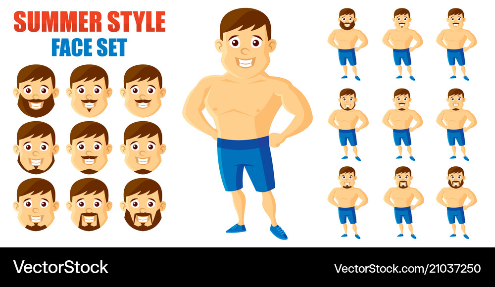 Summer style man face set cartoon character Vector Image