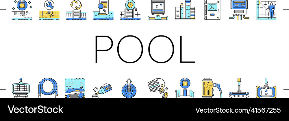 Pool cleaning service collection icons set Vector Image