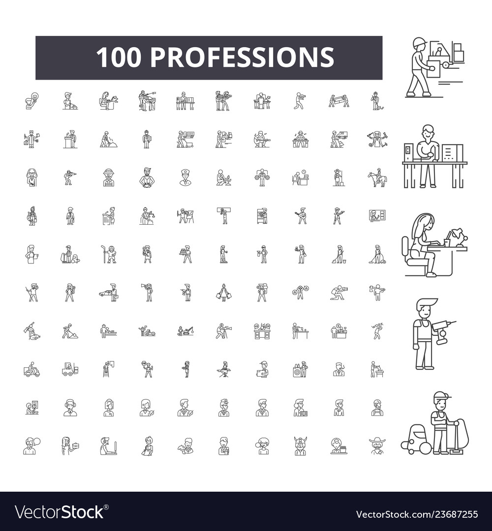 Professions editable line icons 100 set Royalty Free Vector