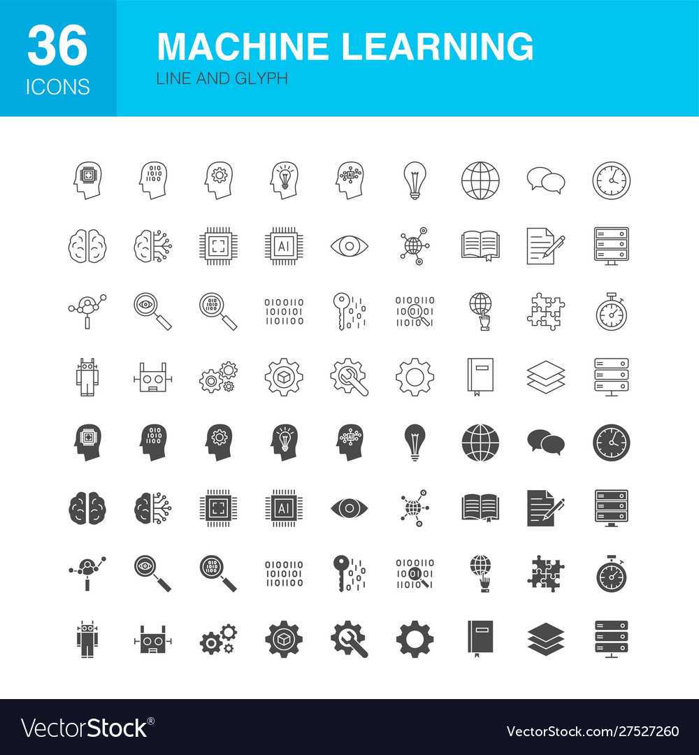 Machine learning line web glyph icons Royalty Free Vector