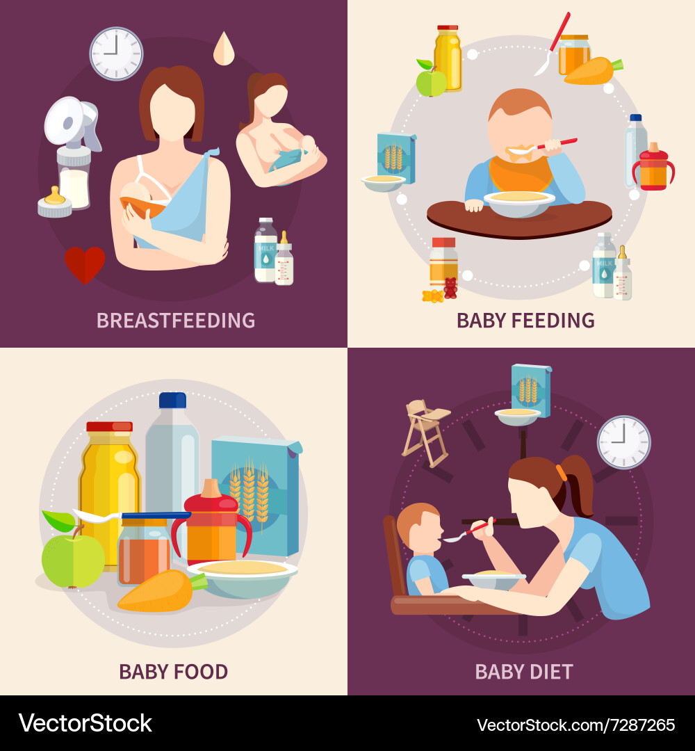 Baby Feeding 4 Flat Icons Square Royalty Free Vector Image