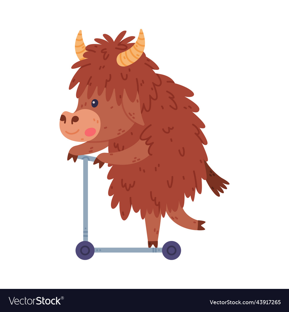 Cute yak character with dense fur and horns riding