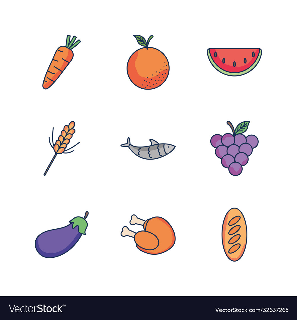 Icon set healthy food and vegetables line fill Vector Image