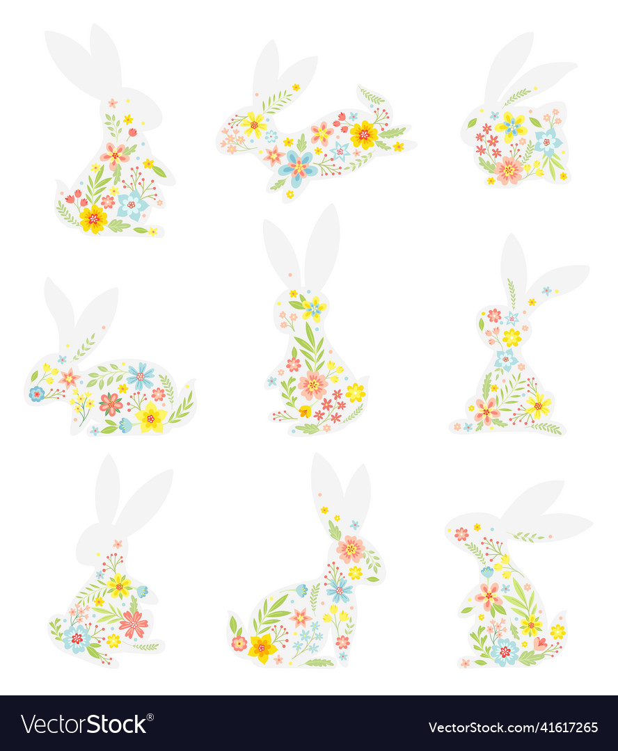White easter rabbit with flowers and floral Vector Image
