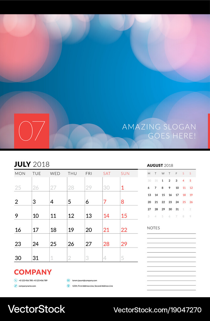 Wall calendar planner template for july 2018 Vector Image