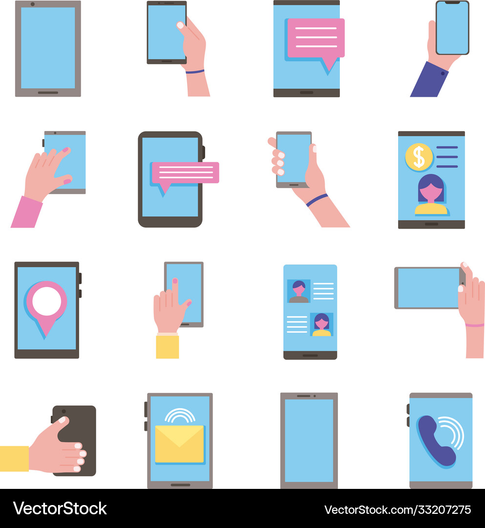 Bundle sixteen smartphones devices set Royalty Free Vector