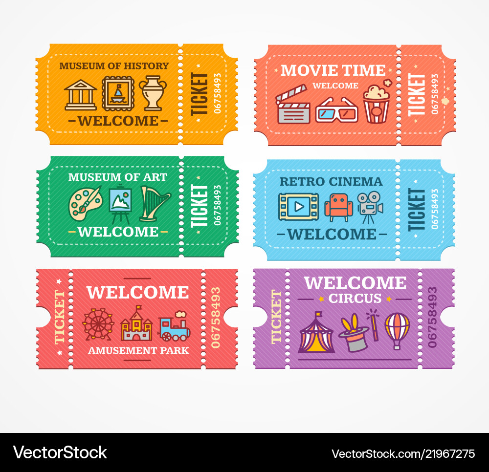 Cartoon color different tickets icon set Vector Image